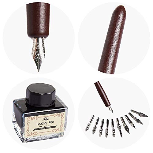 Wooden Quill Pen wiht Ink Set Handcrafted Wooden Callgraphy Pen Writing Dip Ink Pen Gift Set with 11pcs Metal Pen Nibs &Black Ink