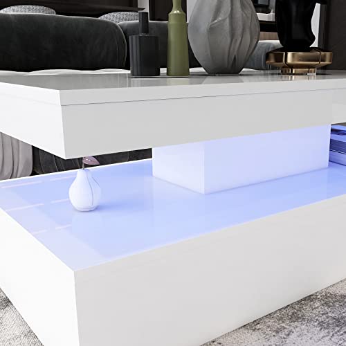 SUCXDZQ Modern Coffee Table with RGB LED Light, High Gloss Coffee Table with Remote Control for Living Room, White