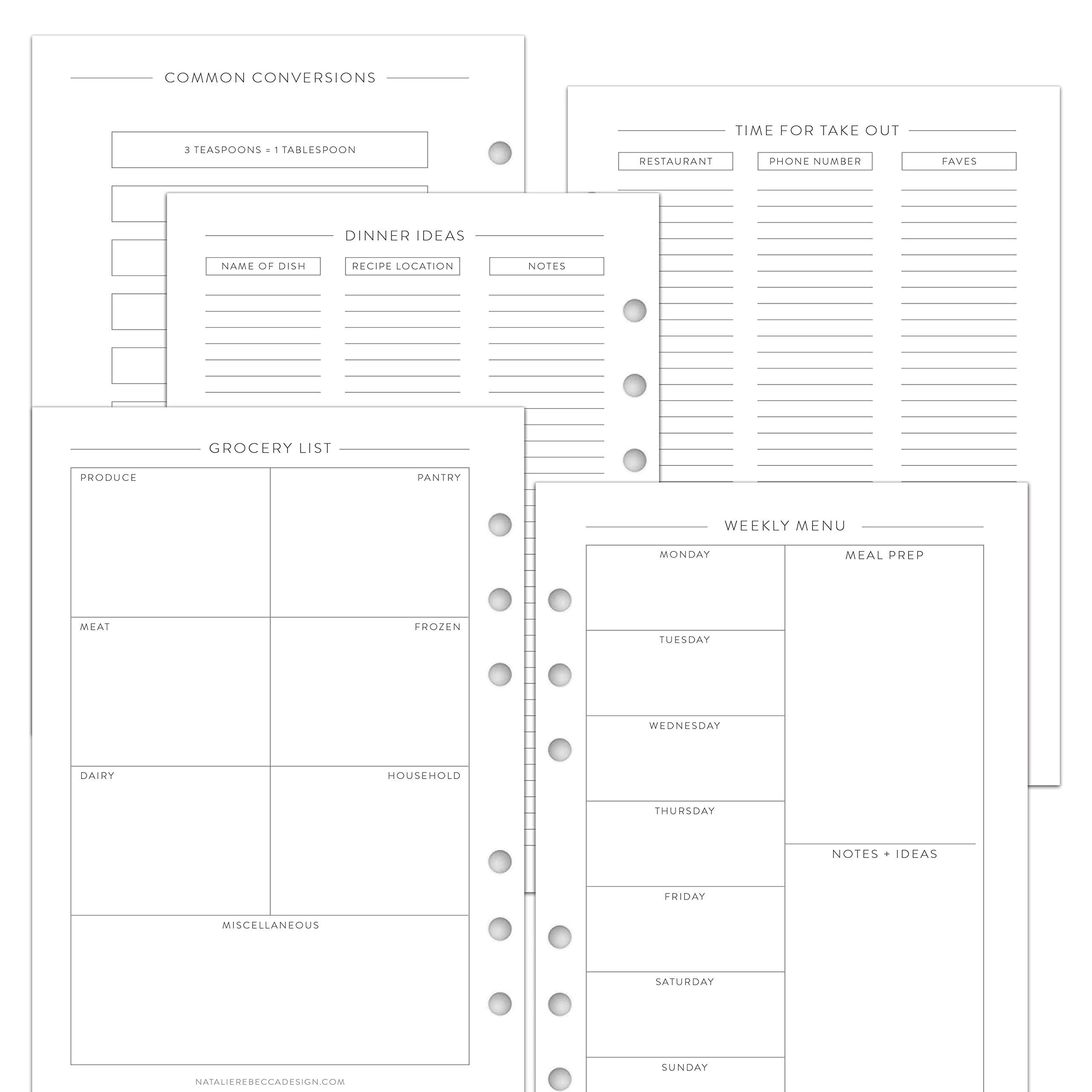 A5 Planner Menu and Grocery List Inserts, Meal Plan, Paper Refills for Filofax, Kikki K, 6 Month Supply (Planner Not Included)