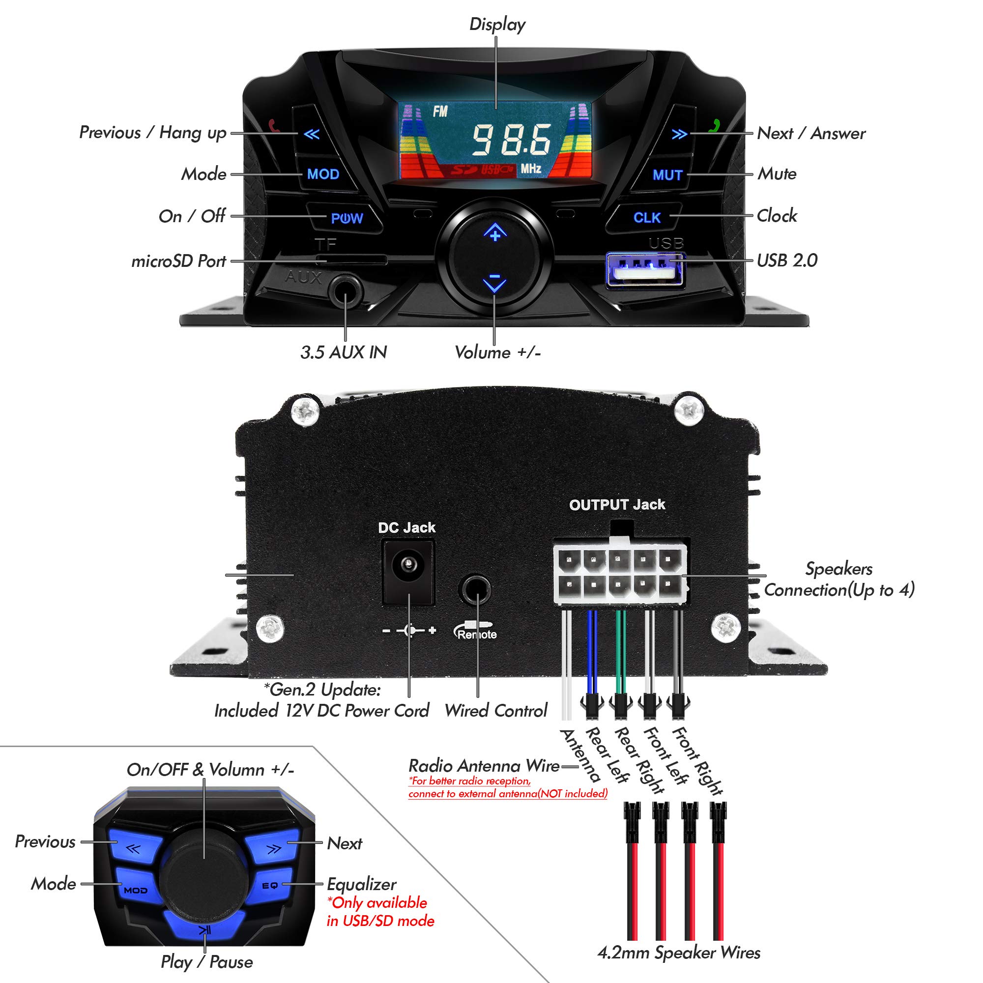 GoHawk TS3 Motorcycle Weatherproof Bluetooth Speakers 7/8-1.25 in. Handlebar Mount MP3 Music Player Sound Audio Stereo Amplifier System ATV AUX, USB, Micro SD, FM Radio 2-Speaker