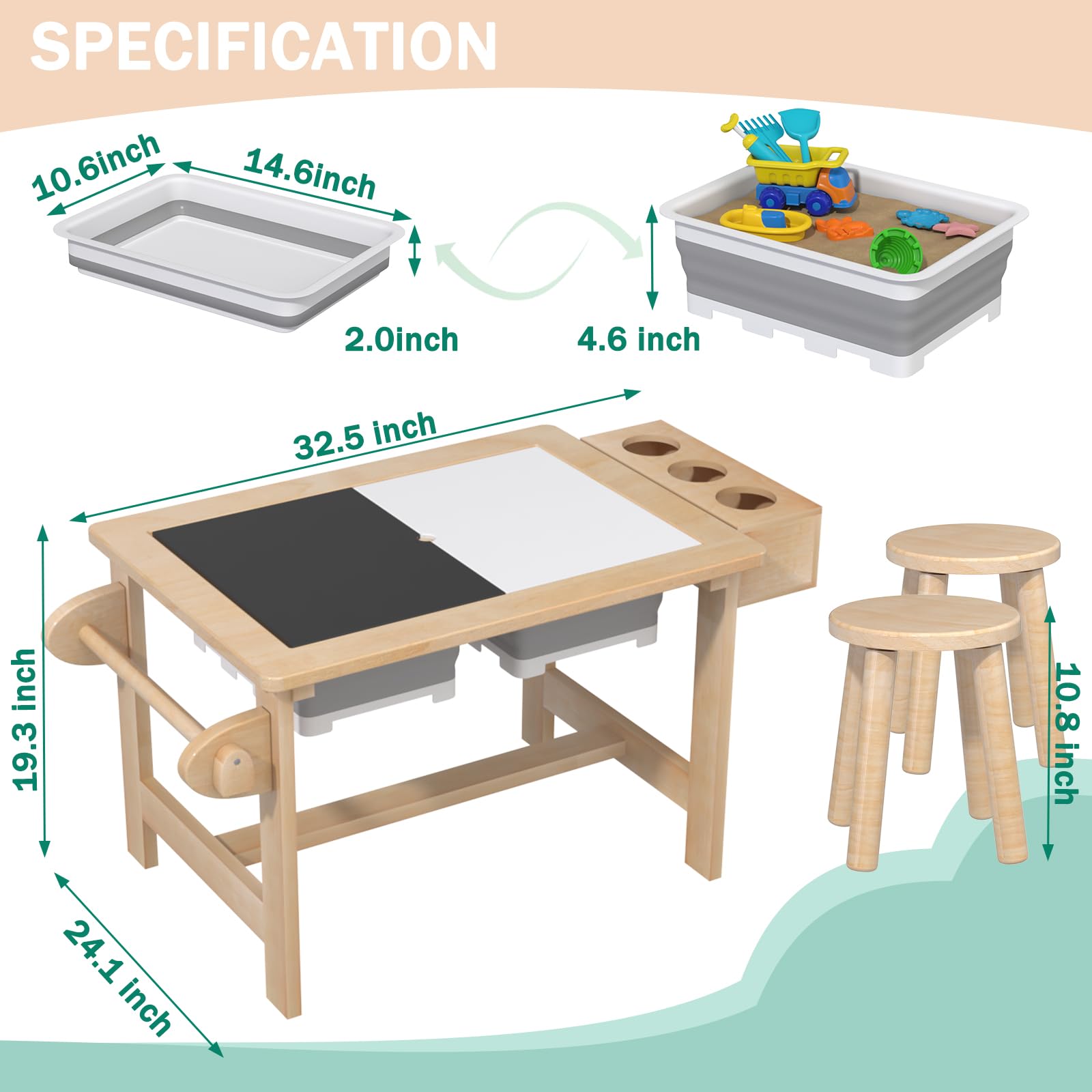 Beeneo Sensory Table for Toddlers, Kids Table with 2 Storage Bins, Multifunction Toddler Activity Table, Wooden Play Table for Kids, Sand and Water Table with Writable Lids
