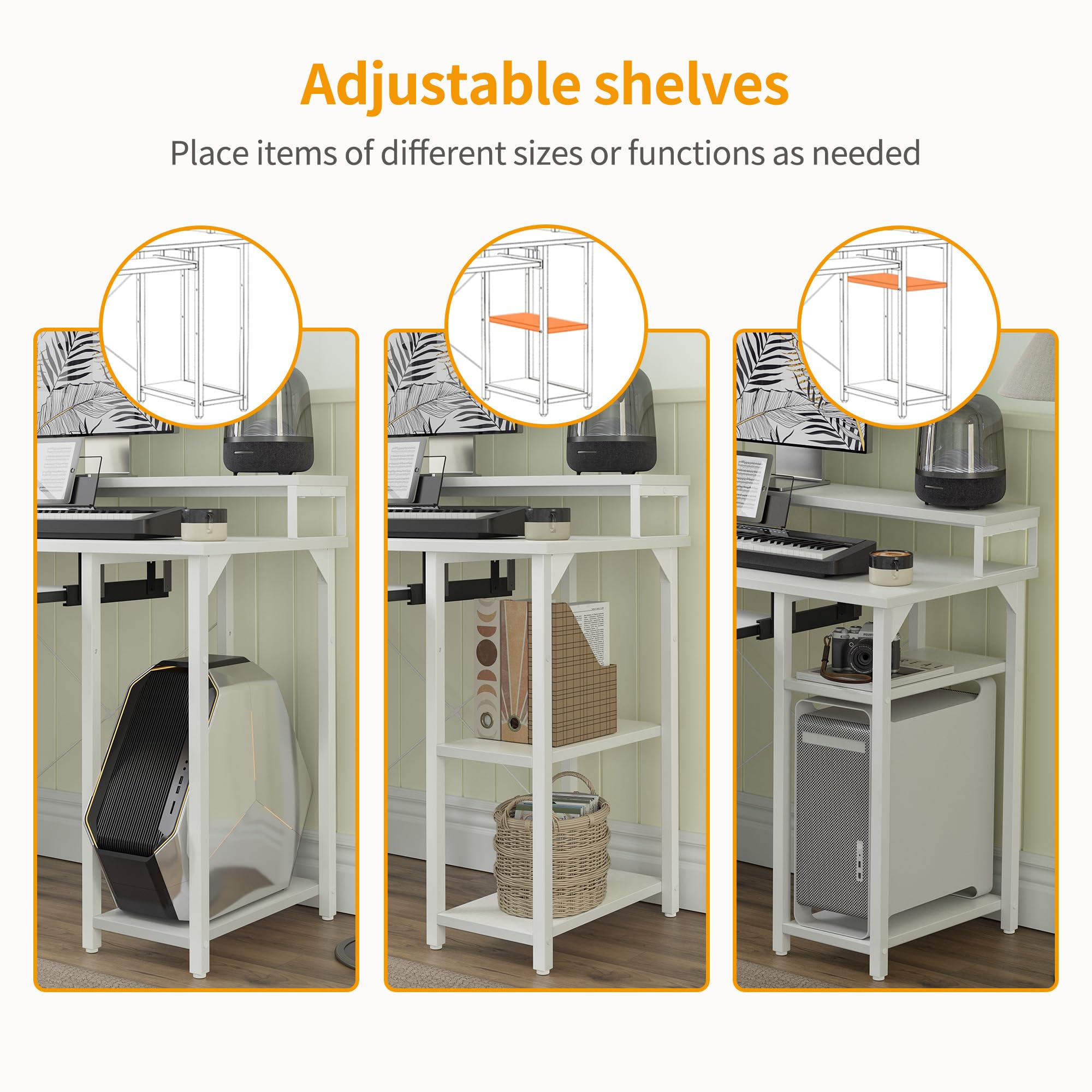 CubiCubi Computer Desk with Keyboard Tray, 47 Inch Office Desk with Monitor Stand and Storage Shelves, Music Studio Desk, Work Table Gaming Desk, White