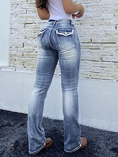 Flamingals Butt Lifting Jeans for Women Trendy Tummy Control Jeans Stretch Mid Waist Boot Cut Jeans Raw Hem Denim Pants A-Mid Blue-Raw Hem L