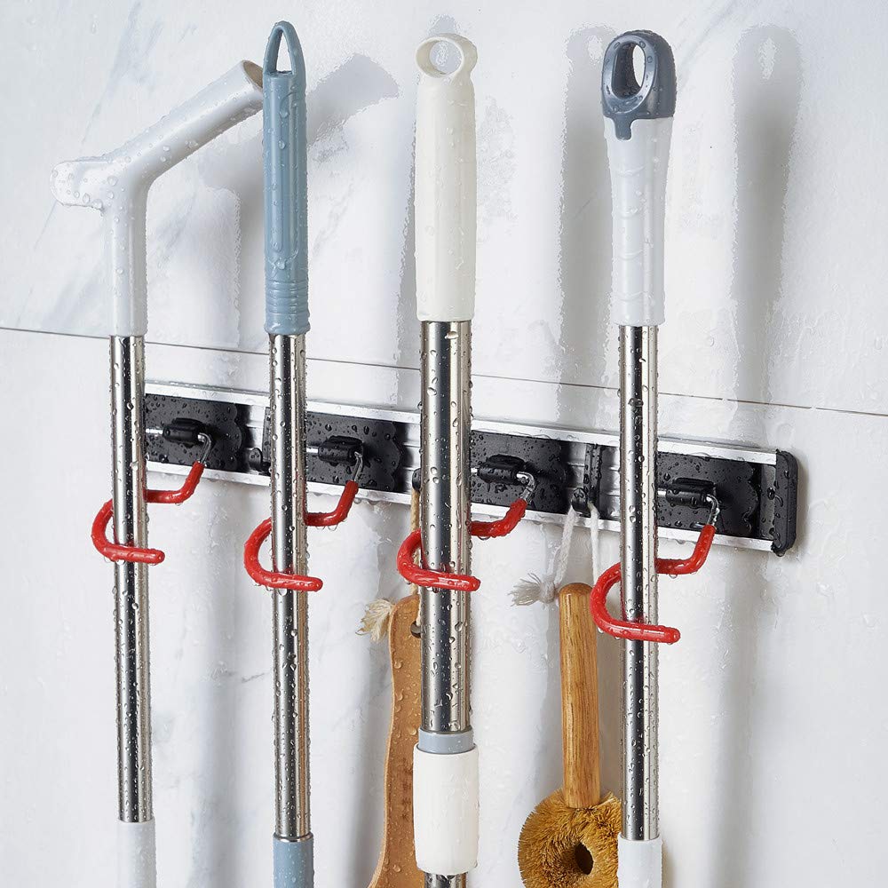 QBOSO Wall Mounted Mop and Broom Holder Stainless Steel S Type Broom Rack Anti-Slip Mop Organizer (17 Inches ,4 Positions 3 Hooks , Red black)