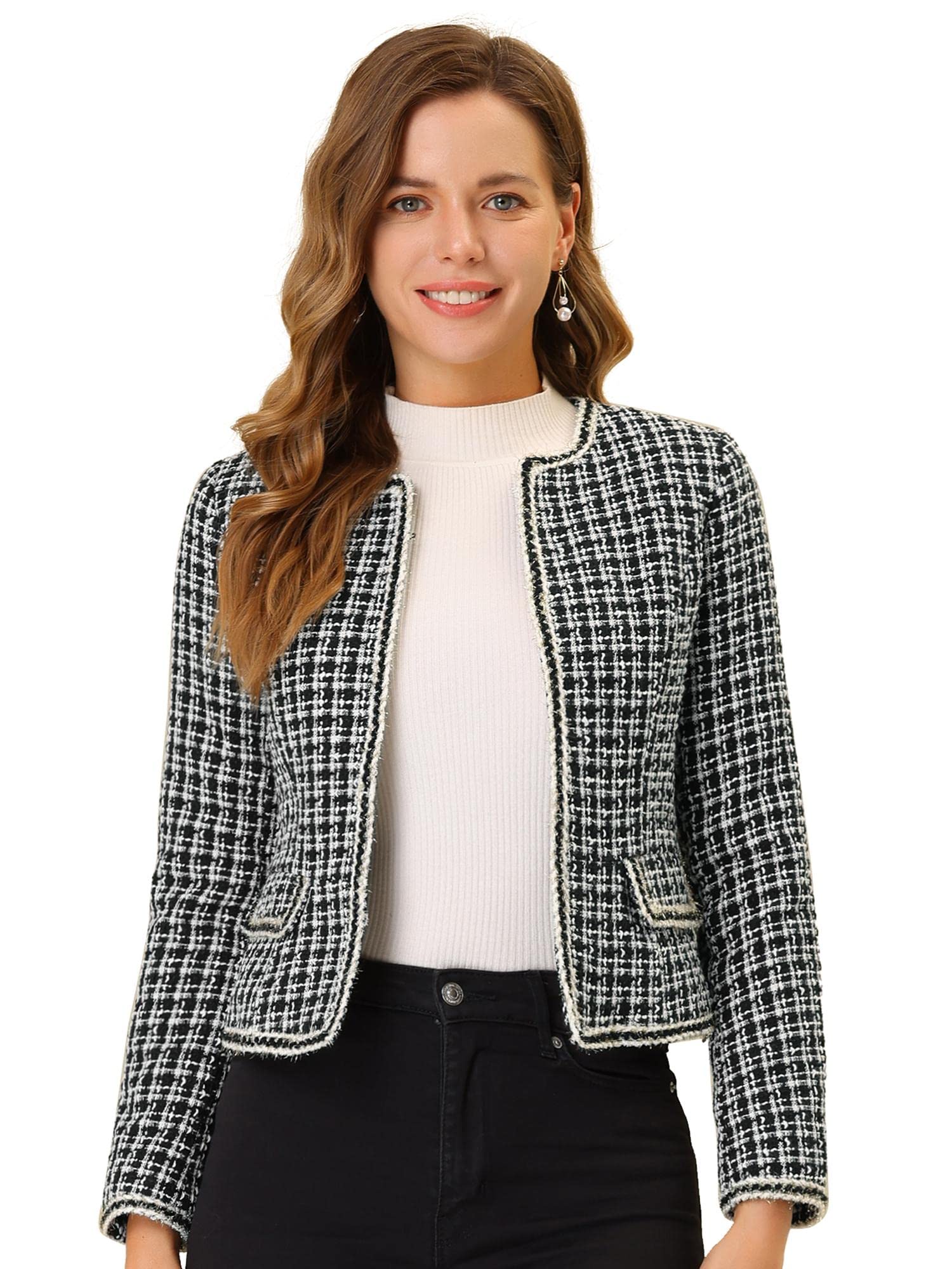 Allegra K Women's Plaid Tweed Blazer Long Sleeve Open Front Work Office Short Jacket Large Black