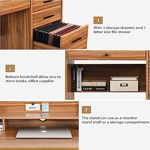 Computer Desk with 4 Drawers and Storage, Small Office Desk with File Drawers and Hutch, Farmhouse Wood Writing Student Table for Home Office, Bedroom, Rustic Brown
