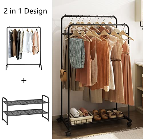 Hoctieon Double Rod Garment Rack,Clothes Rack on Wheels,Portable Clothing Racks for Hanging Clothes,Closet Hanger Rack with Shelves Black