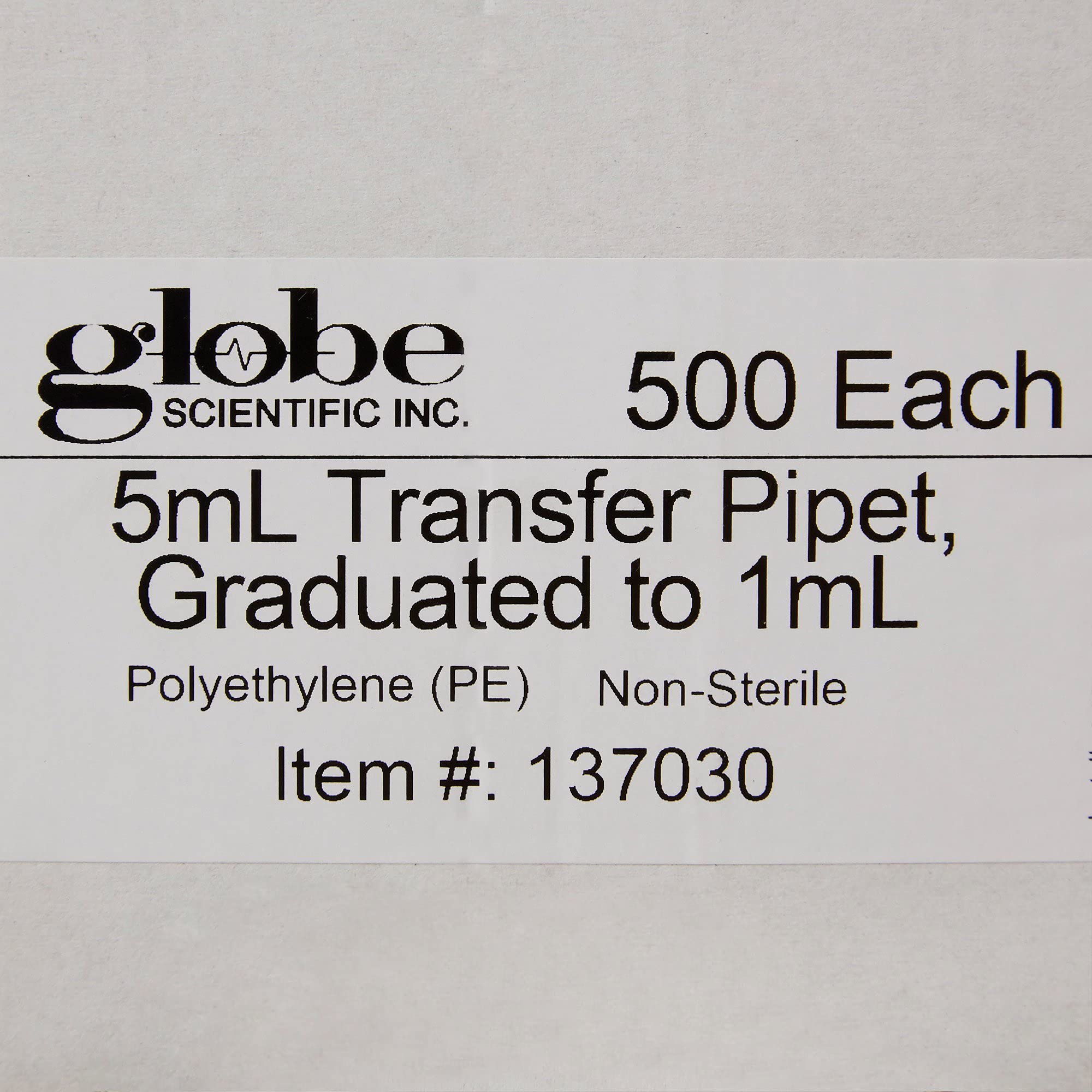 Globe Scientific Transfer Pipettes w/Large Bulb 5 mL, Non-Sterile, Graduated to the 1 mL Mark, LD Polyethylene, 145mm, 137030, 5000 count (10 Packs of 500)