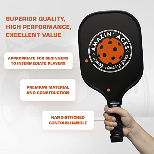 Amazin' Aces Classic Graphite Pickleball Paddles Set of 2 with 4 Pickleball Balls, Lightweight, Black Pickleball Rackets with Soft, Nonslip Comfort Grip Handles & Protective Portable Pickleball Bag
