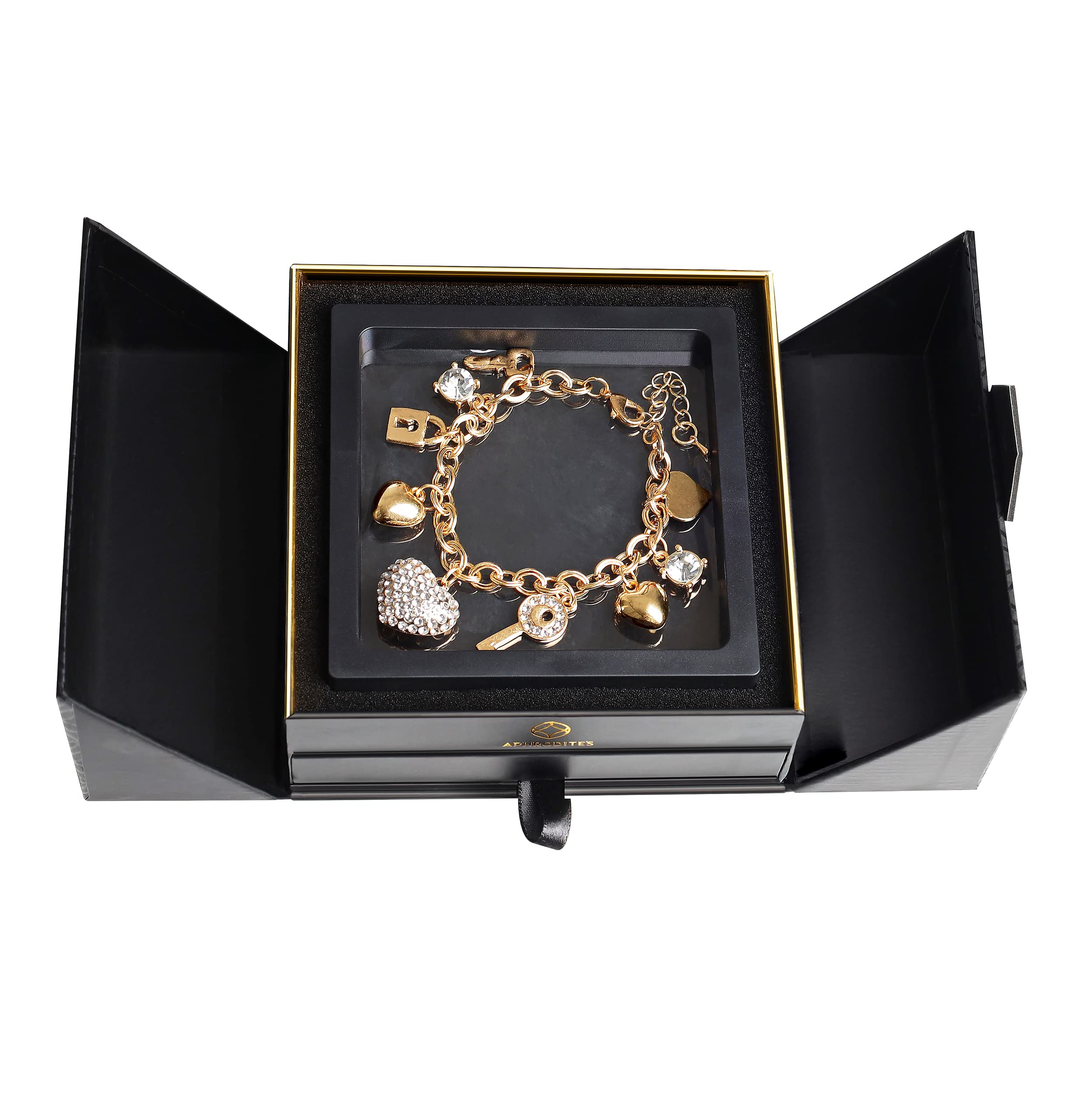Aphrodite’s Magic in a Box Love Locked Charm Bracelets for Women, 9 fun Charms Bracelet with Deluxe Gift Box, Birthday Christmas Jewelry Gift for Girls, Mom, Wife, Sister and Friend