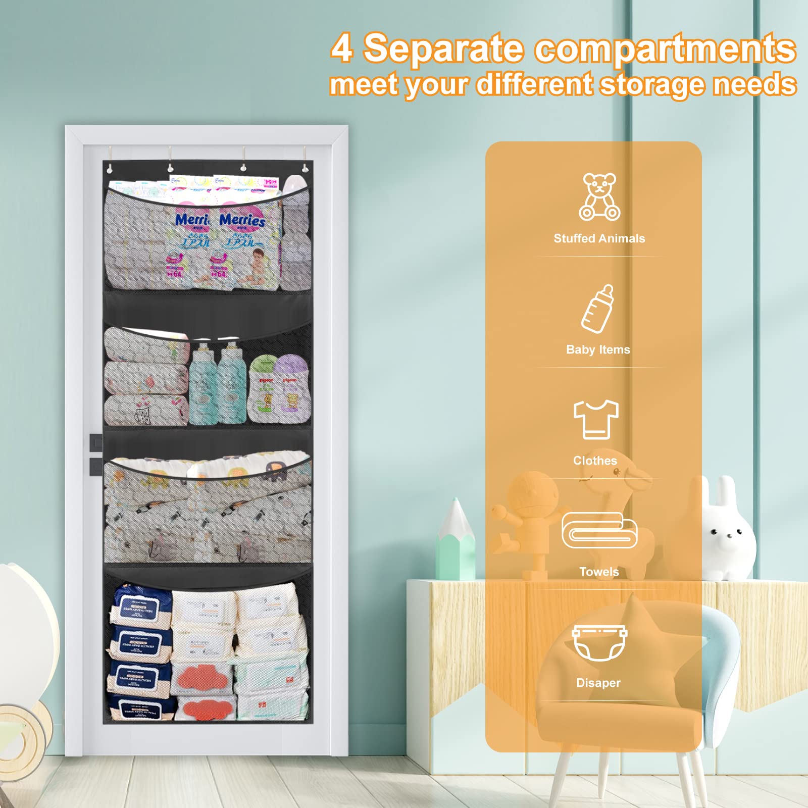Adgoaler Over Door Stuffed Animal Storage, Stuff Animals Toy Organizer with 4 Large Pockets, Hanging Toy Plush Storage for Nursery, Bedroom, Easy Installation and Take (Black)