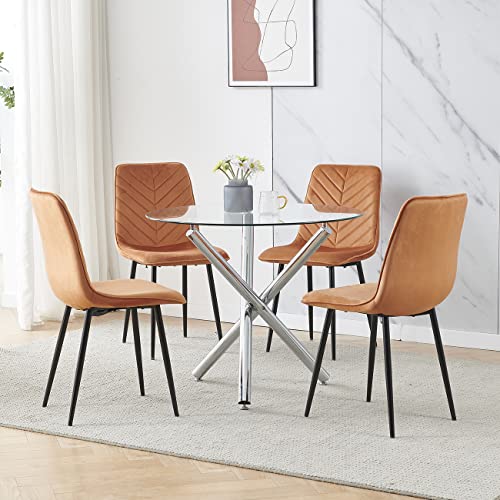BELIFEGLORY Occasional Velvet Dining Chairs Set of 4 Upholstered Grid Pattern Dining Room Chairs Accent Office Reception Chairs Padded Seat with Black Metal Legs for Kitchen Restaurant (Orange)