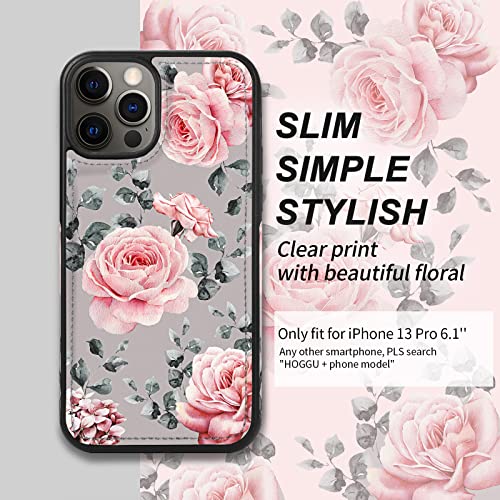 HOGGU iPhone 13 Pro Wallet Case - Magnetic Detachable iPhone 13 Pro Case Wallet with RFID Blocking Card Holder, Hand Strap, Floral Flower PU Leather Flip Cover Case for Women Girls(Gray)