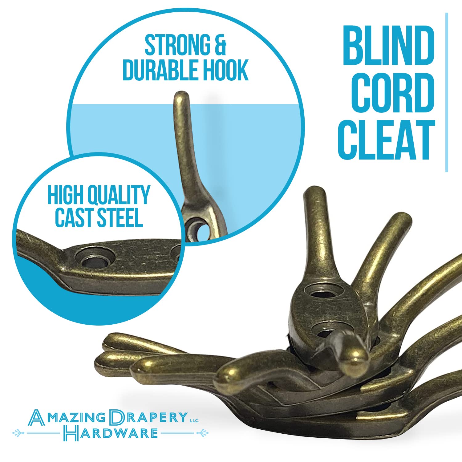 Amazing Drapery Hardware Blind Cord Cleats - 5 PCS 2 ½” | Antique Brass Cast Metal Blind Cord Winder Curtain Hooks for Wall, Blinds Accessories & Blind Cord Safety