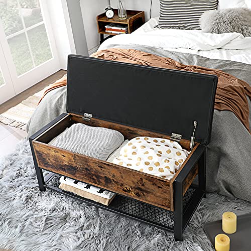 VASAGLE Industrial Storage Bench, Bed End Stool with Padded Seat and Metal Shelf, Sturdy Steel Frame, 39.4”L x 15.7”W x 18.5”H (100 x 40 x 47 cm), Rustic Brown + Black
