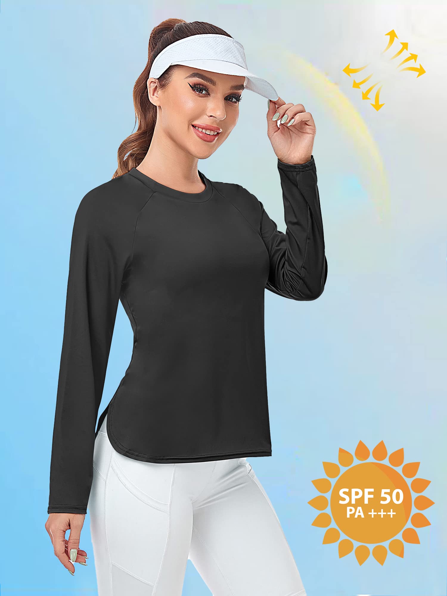 Abrooical Women's Sun Protection Shirt Long Sleeve Running Sport Workout Moisture Wicking Rash Guards Tops Black XX-Large