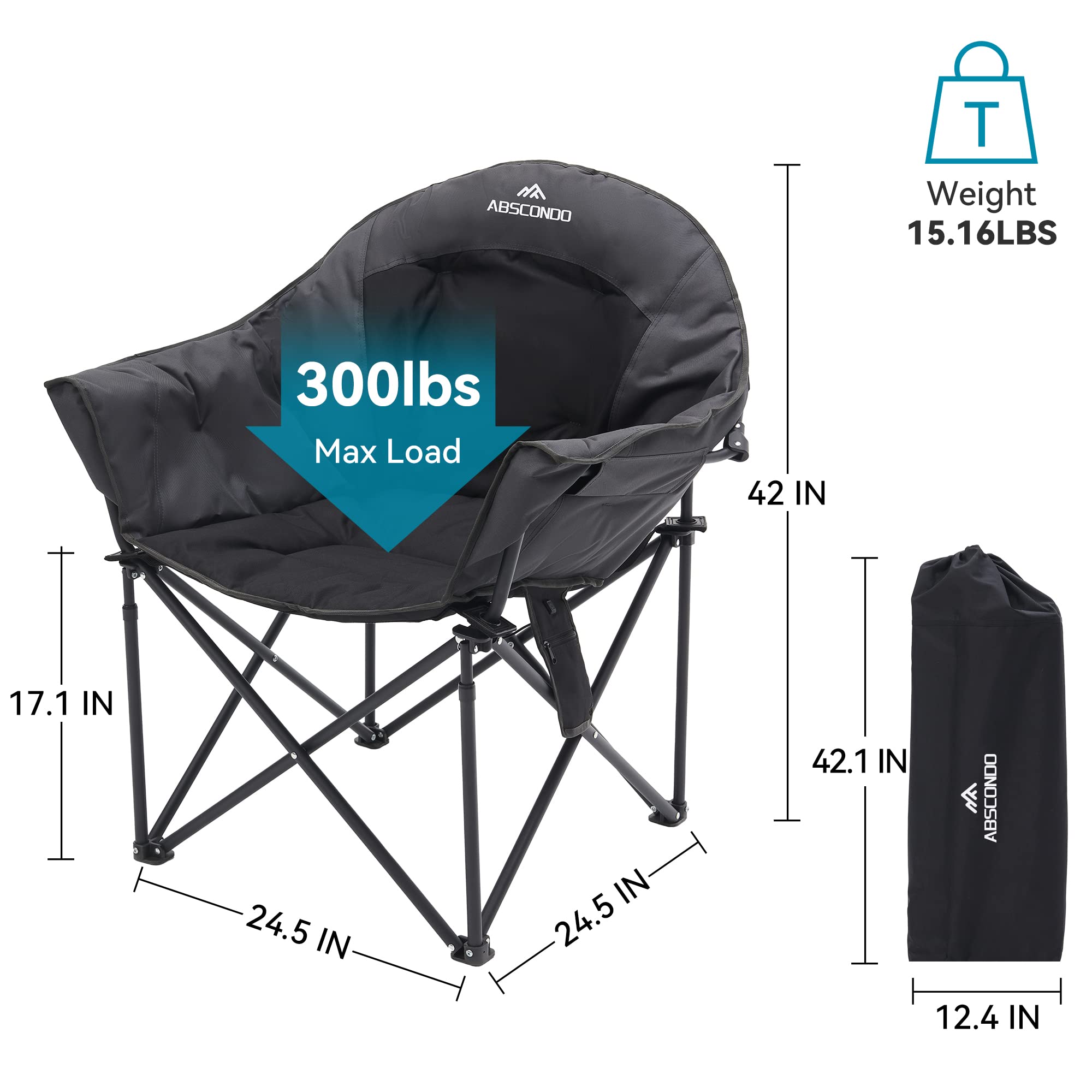 ABSCONDO Heated Camping Chair, Camping Chairs for Heavy People, Oversized Outdoor Folding Moon Chairs with Extra Wide Seats, Lawn Chairs Folding Supports up to 300lbs, Black