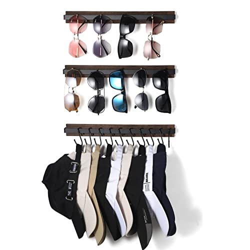 DOCMON 3 Pack Wood Sunglasses Storage Organizer, Wall Mounted Rustic Eyeglasses Display Holder Eyewear Glasses Hanging Rack for Entryway Living Room Bedroom, with 10 hooks