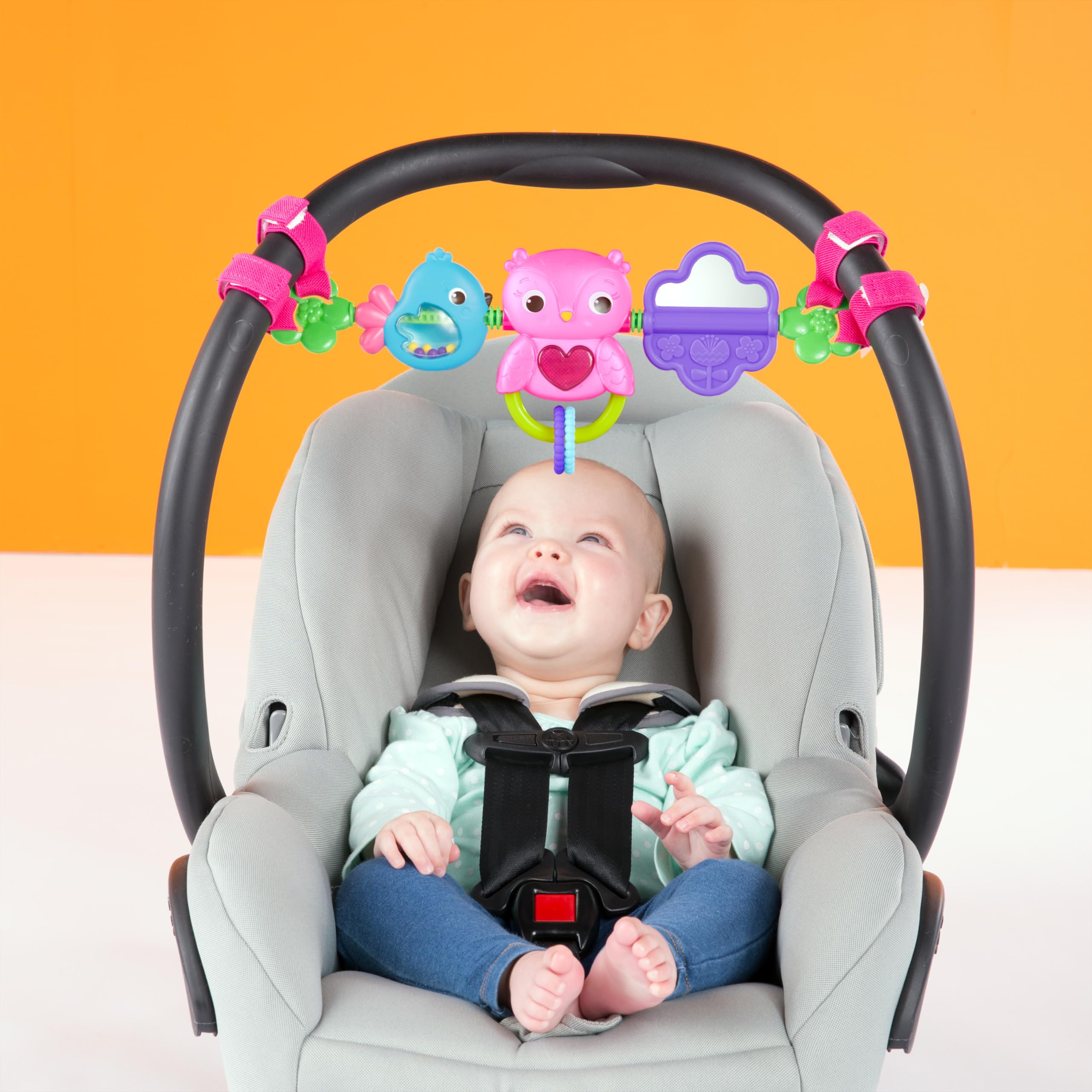 Bright Starts Busy Birdies Carrier Toy Bar Musical Take-Along Toy with Lights, Ages Newborn +, Pink