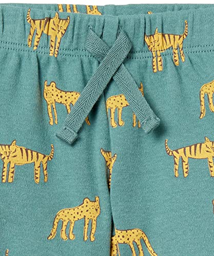 Amazon Essentials Unisex Babies' Cotton Pull-On Shorts, Pack of 4, Ecru/Olive/Washed Teal Green Big Cats/Yellow Stripe, 0-3 Months