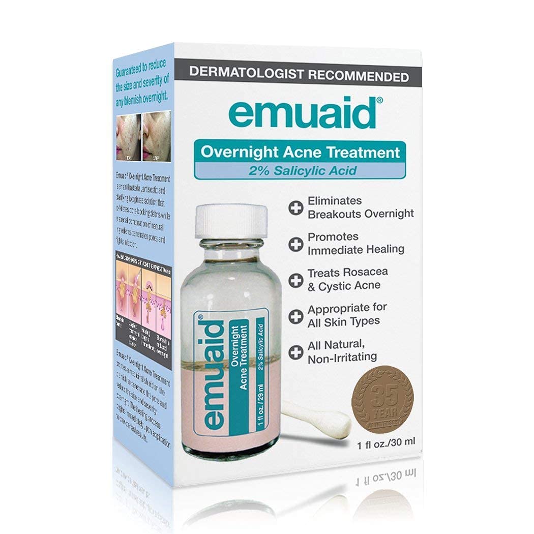 EMUAID Overnight Acne Treatment, Gentle Fast-Acting Solution with Salicylic Acid for Adults and Teens, Clears Stubborn Pimples, Cystic Acne, Blackheads, Rosacea, and Hormonal Breakouts, 1oz