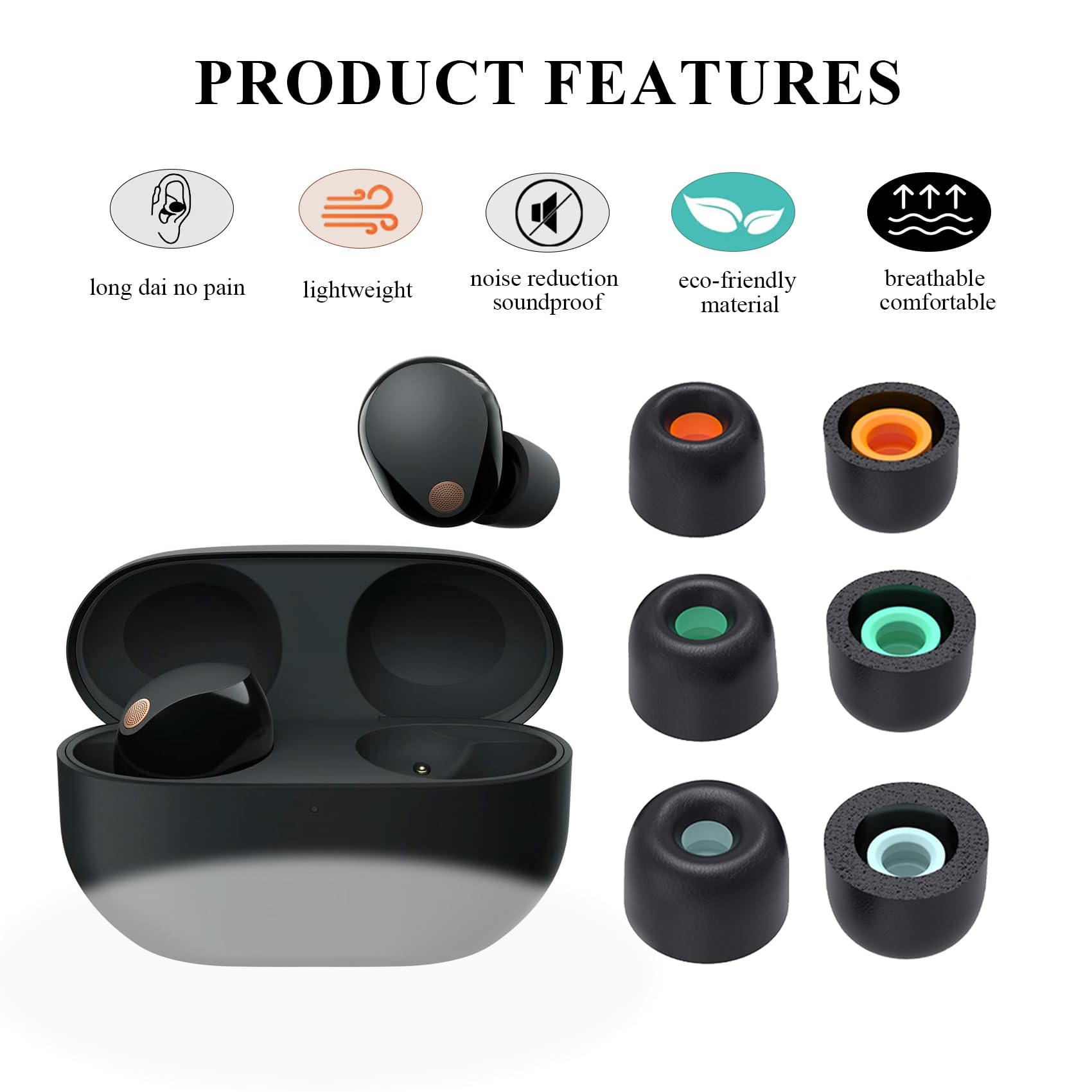 Adhiper Foam Eartips for Sony WF-1000XM5 Headphones,S/M/L 3 Sizes 3 Pairs Polyurethane Memory Foam Earbuds Tips,High Sound Insulation and Anti-Slip Ear Tips.
