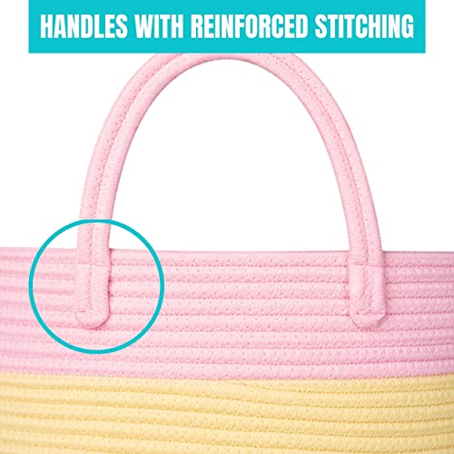 MINTWOOD Design Large Decorative Woven Cotton Rope Basket, Tall Laundry Basket Hamper, Blanket Basket for Living Room, Storage Baskets for Toys, Towel, Throw, Pillow, 60L Pastel Rainbow