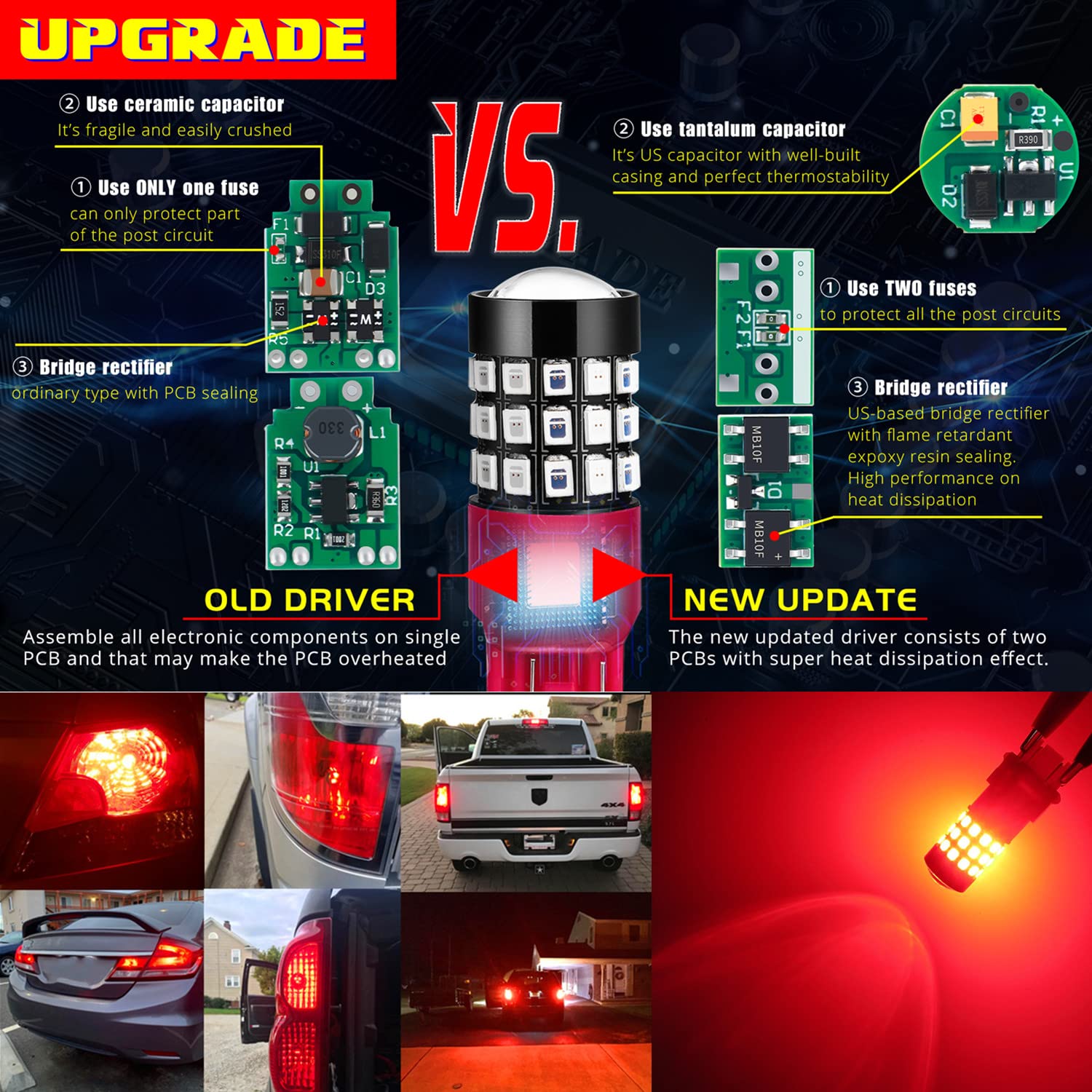 Alla Lighting Upgraded T20 7440 7443 LED Strobe Brake Lights Bulbs, Red Flashing Stop Lamps, W21W 7440LL 7443LL Strobe LED Taillights Replacement for Cars, Trucks, SUVs, Vans
