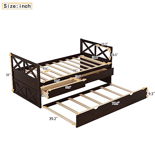 Brisca Twin Size Multi-Functional Daybed with Two Drawers and Trundle,Solid Pine Wood Bed W/X Frame On Side,for Guest Room,Bedroom,Espresso