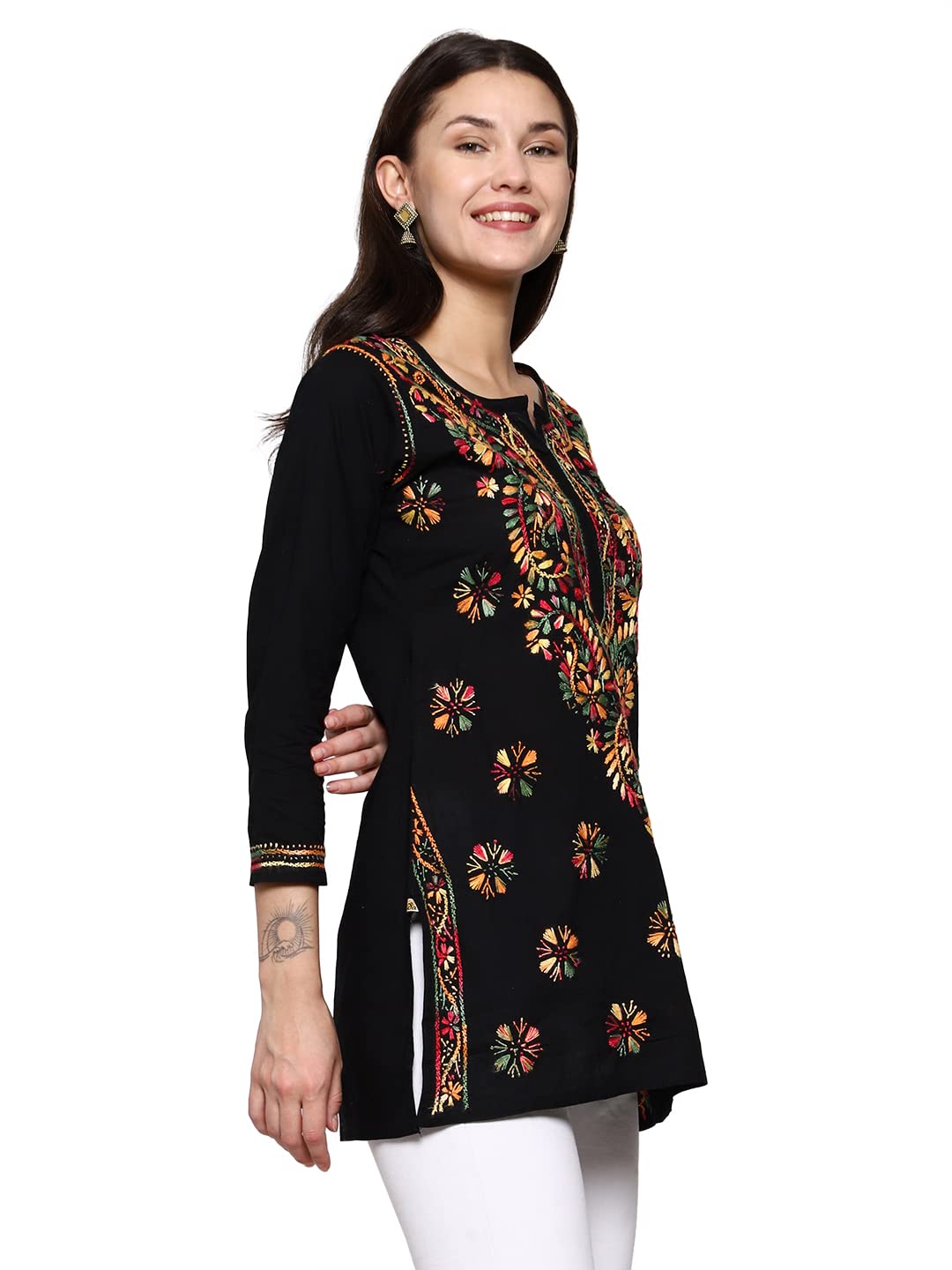 Ada Indian Hand Embroidered Chikankari Black Cotton Top Tunic Kurti A225311 (Large)
