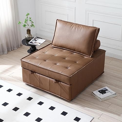 Bellemave 3 in 1 Pulling Out Ottoman Sofa Bed,Multipurpose Faux Leather Folding Ottoman Sleeper Couch Lounger,Convertible Adjustable Sleeper Chair for Living Room Apartment Office(Brown PU)