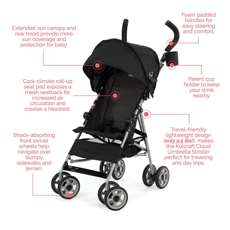 Kolcraft Cloud Lightweight Umbrella Stroller with Large Sun Canopy, Black