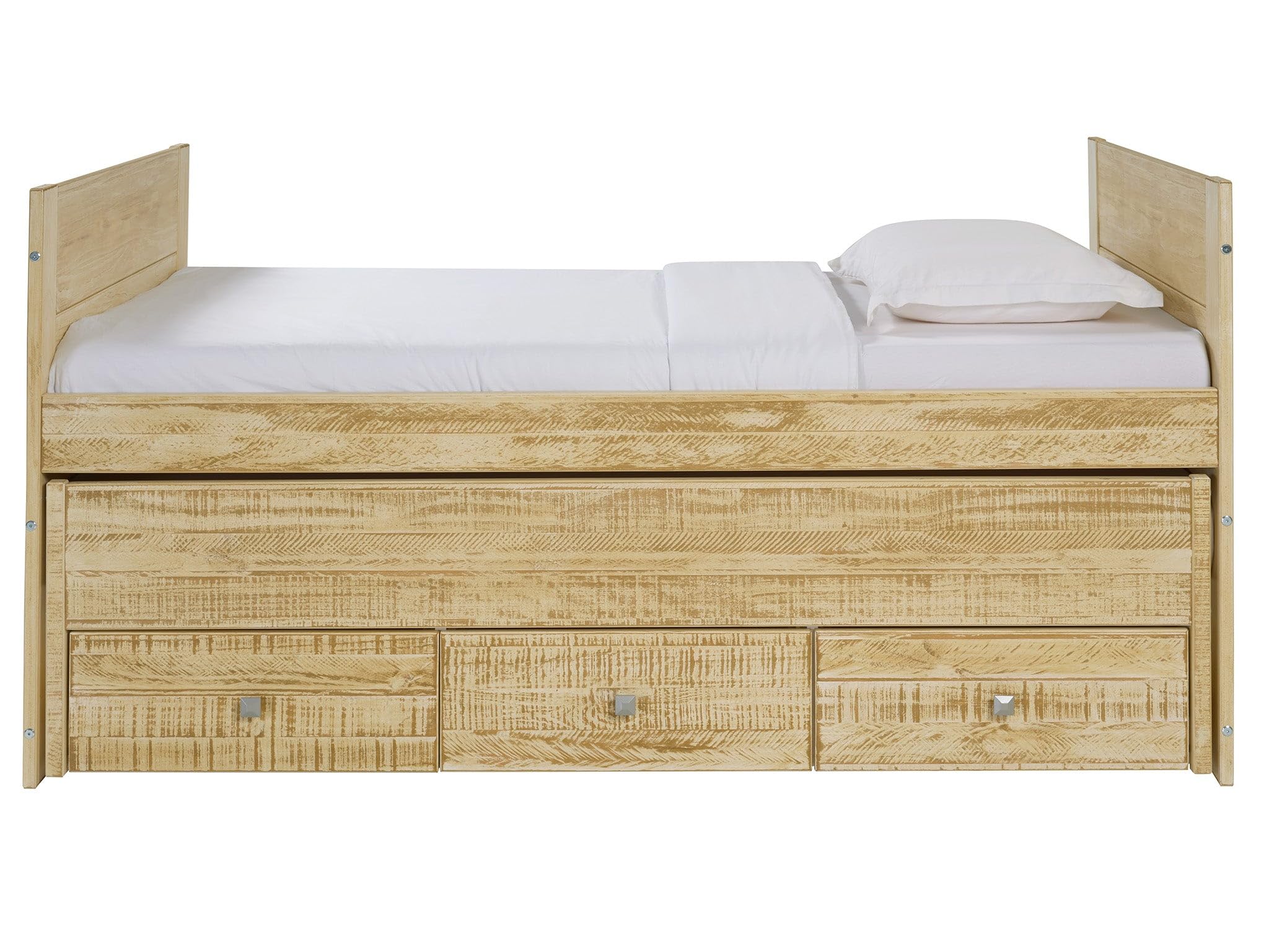 Bedz King All in One Twin Bed with Twin Trundle and 3 Built in Drawers, Weathered Honey