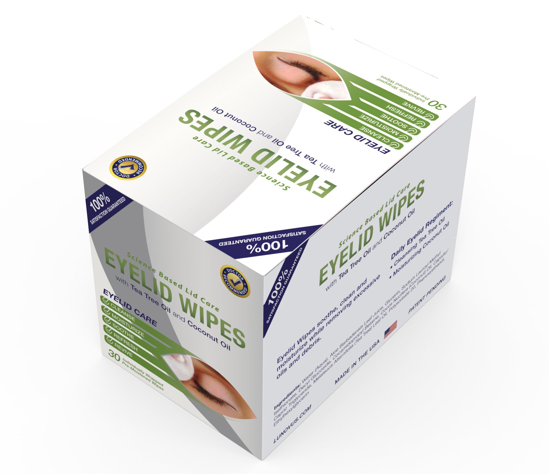 Premium Eyelid Wipes With Tea Tree and Coconut Oil - Cleansing Wipes for People Itchy Eyes - Box Of 30 Natural Eye Wipes