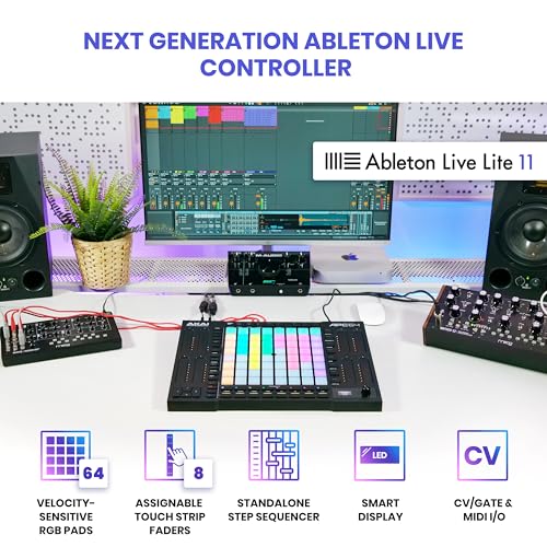 AKAI Professional APC64 Ableton MIDI Controller with 8 Touch Strips, Step Sequencer, 64 RGB Velocity-Sensitive Pads, CV Gates, MIDI In & Out, USB-C