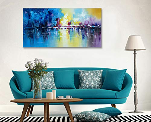 Abstract Cityscape Wall Art Handmade Blue Modern City Building Reflection Oil Paintings on Canvas