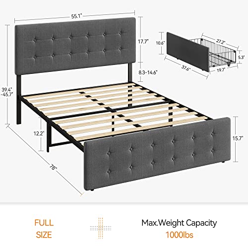 IDEALHOUSE Full Bed Frame with 4 Storage Drawers,Grey Full Size Platform Upholstered Bed Frame with Headboard and Wooden Slats Support,No Box Spring Needed (Full)