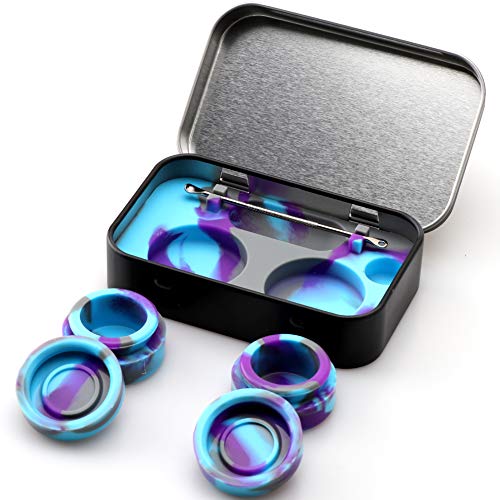 XIFEI portable stainless steel tin box 2-5ml silicone container jars, non-stick storage wax carrying case with extra stainless steel spoons (5 colors)
