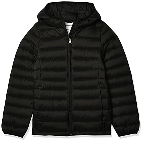 Amazon Essentials Girls' Lightweight Water-Resistant Packable Hooded Puffer Jacket, Black, Small
