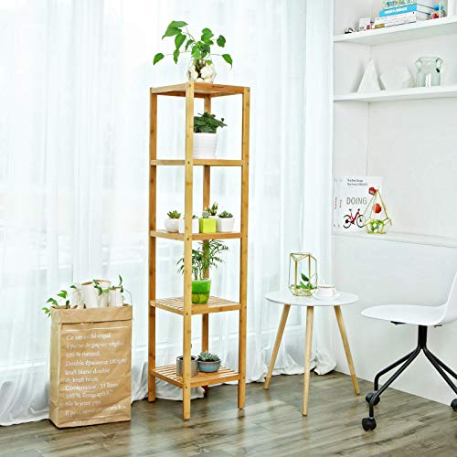 SONGMICS 5-Tier Bamboo Bathroom Shelf, Narrow Shelving Unit, Multifunctional Storage Rack, Corner Rack, for Kitchen, Living Room, Bedroom, Entryway, Bathroom, Natural UBCB55Y