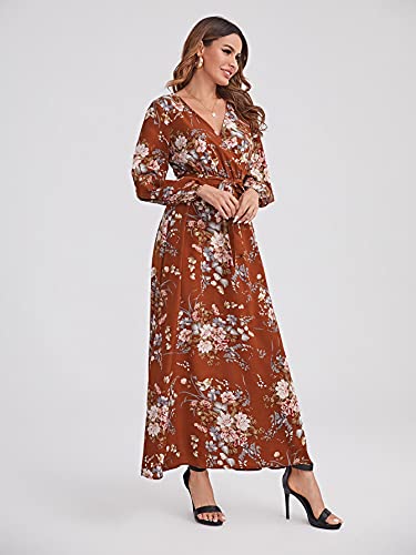 Floerns Women's Summer Wrap V Neck Long Sleeve Belted Floral Print Maxi Dress Rust Brown S