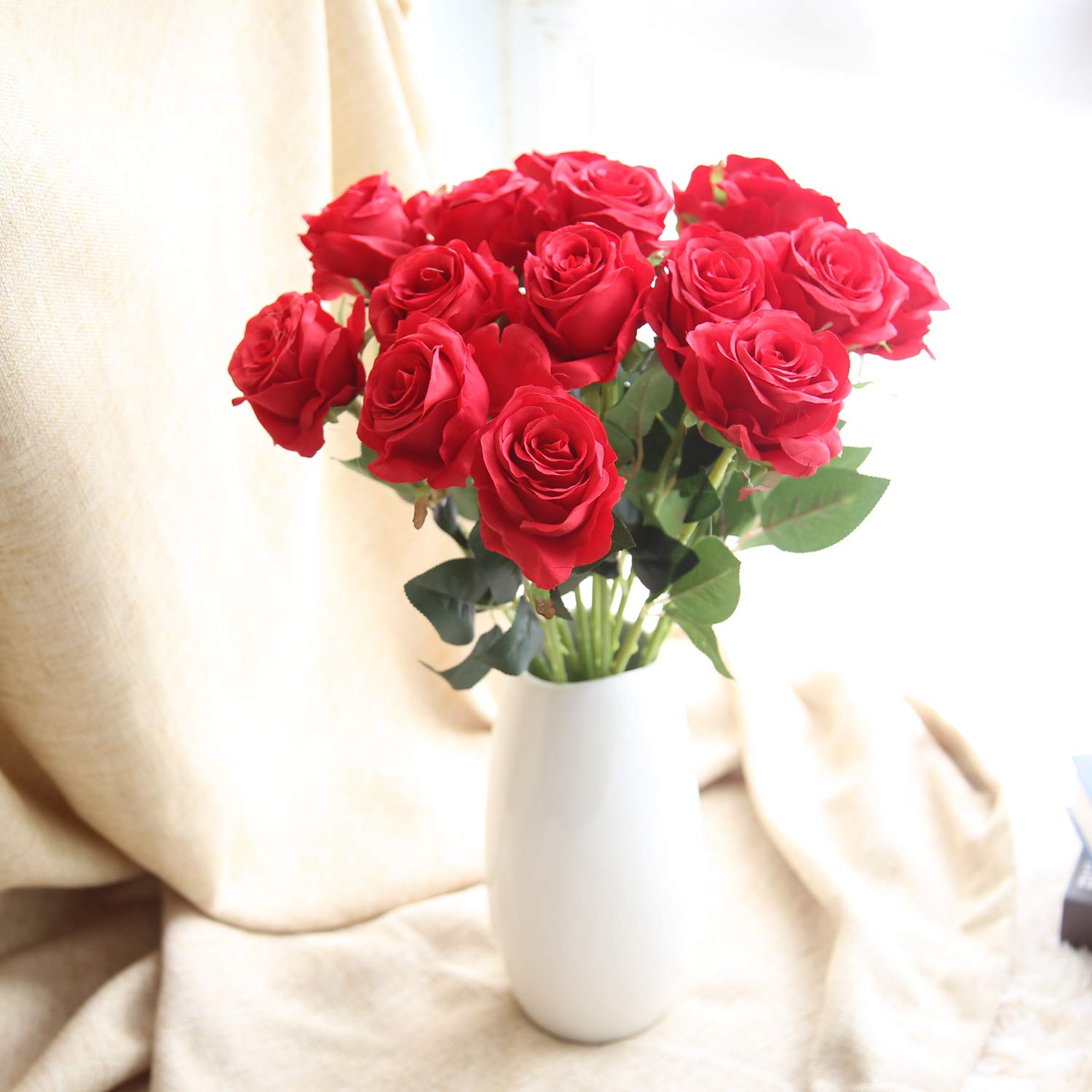 Bringsine Artificial Velvet Flowers Realistic Roses Bouquet with Long Stem for Home Wedding Decoration Party-Red