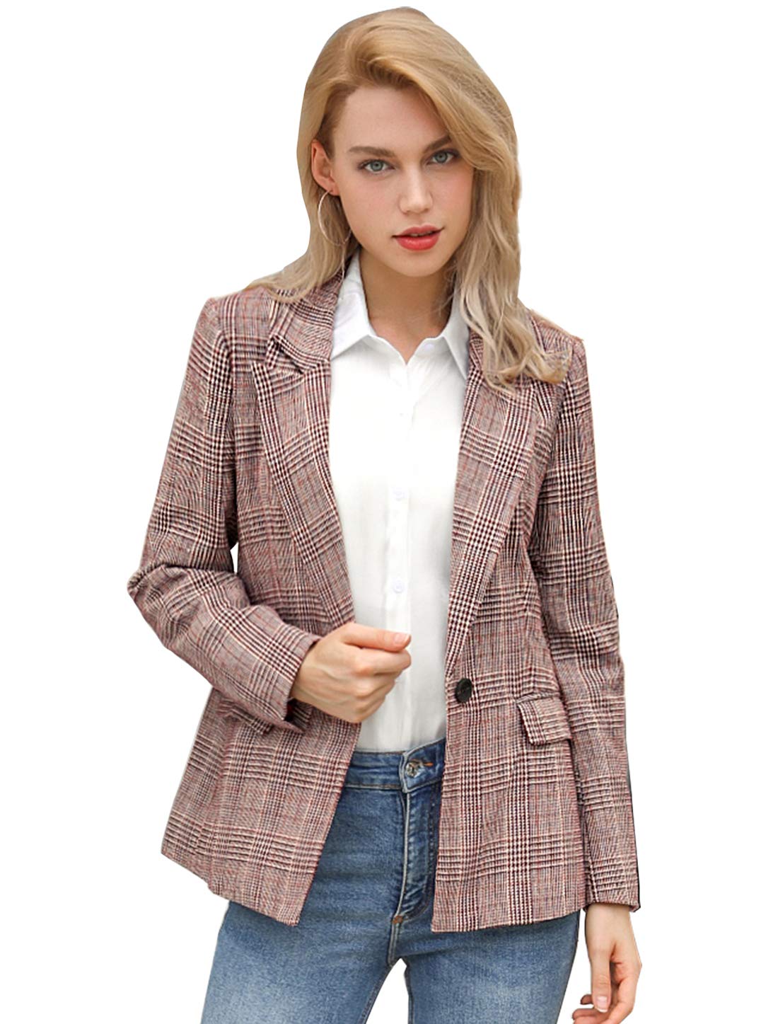 Allegra K Women's Notched Lapel One Button Boyfriend Blazer Suit Plaid Blazer Jacket Small Burgundy