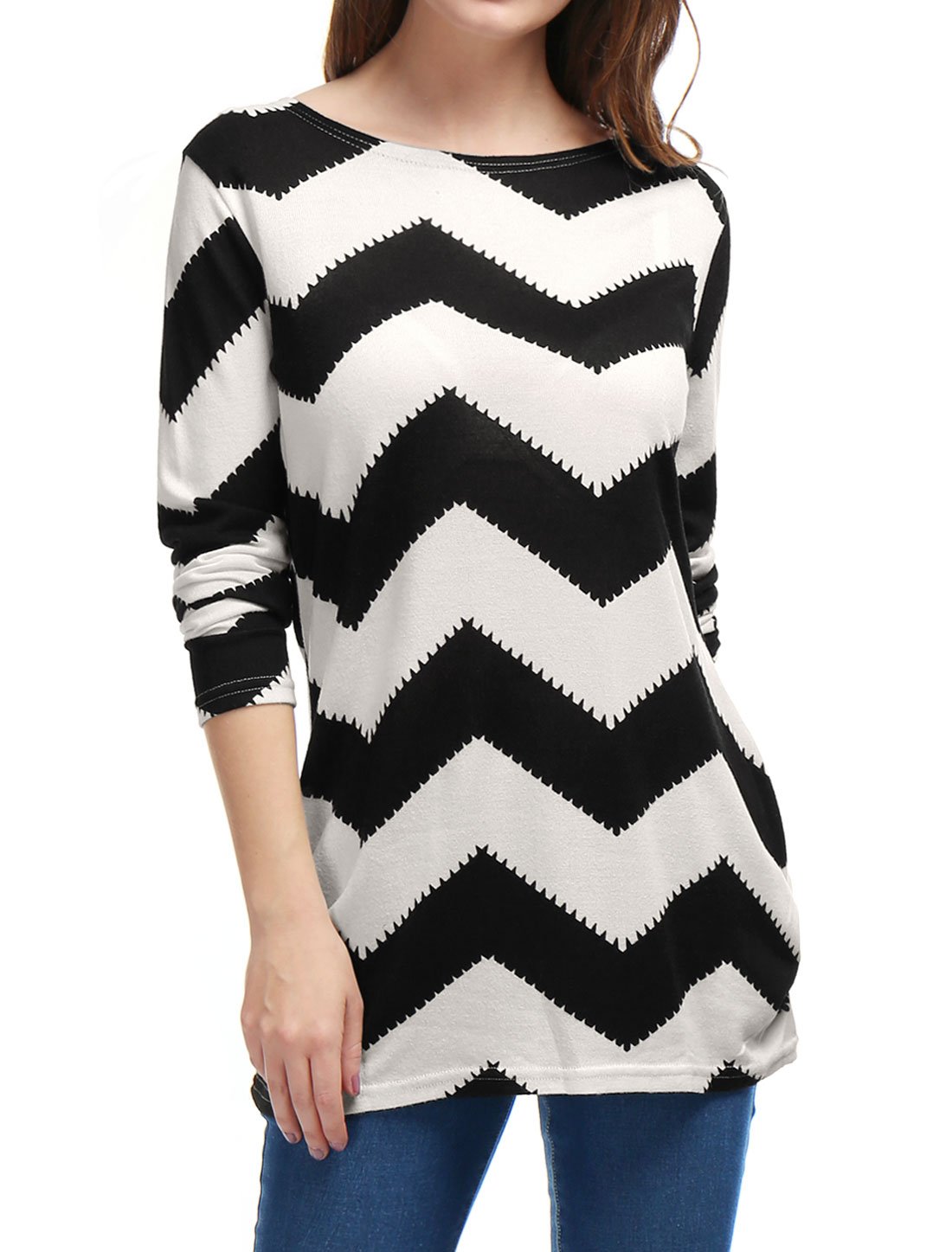 Allegra K Women's Round Neck Contrast Color Knitted Shirts Long Sleeve Sweater Tops Medium Black White