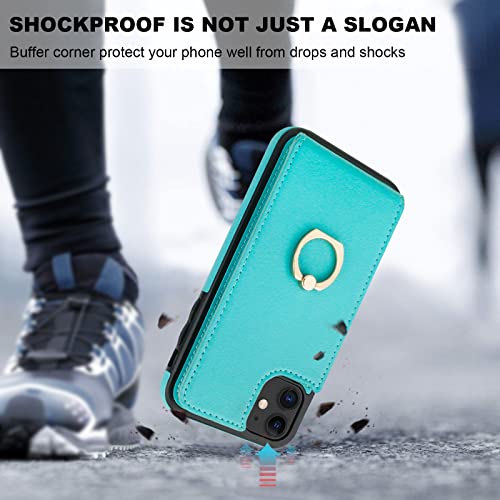 Folosu Compatible with iPhone 11 Case Wallet with Card Holder, 360°Rotation Finger Ring Holder Kickstand Protective RFID Blocking PU Leather Double Buttons Flip Shockproof Cover 6.1 Inch Green