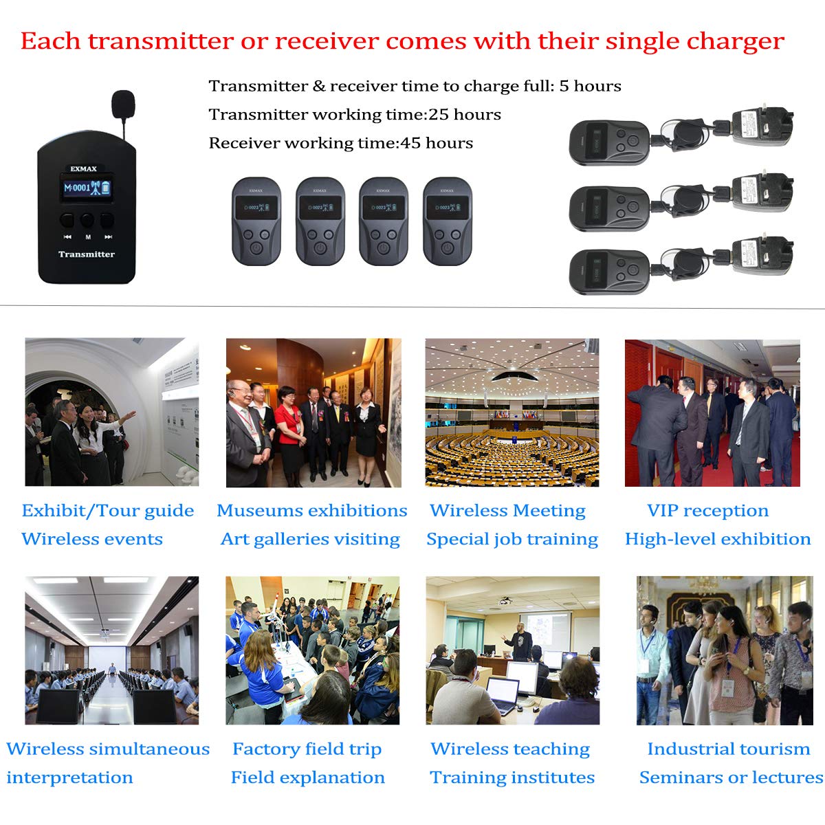 EXMAX EXD-101 2.4GHz Wireless Language Interpretation System Audio Visual Voice Acoustic Transmission for Church,Teaching,Translation,Training,VIP Reception(2 Transmitters 6 Receivers)
