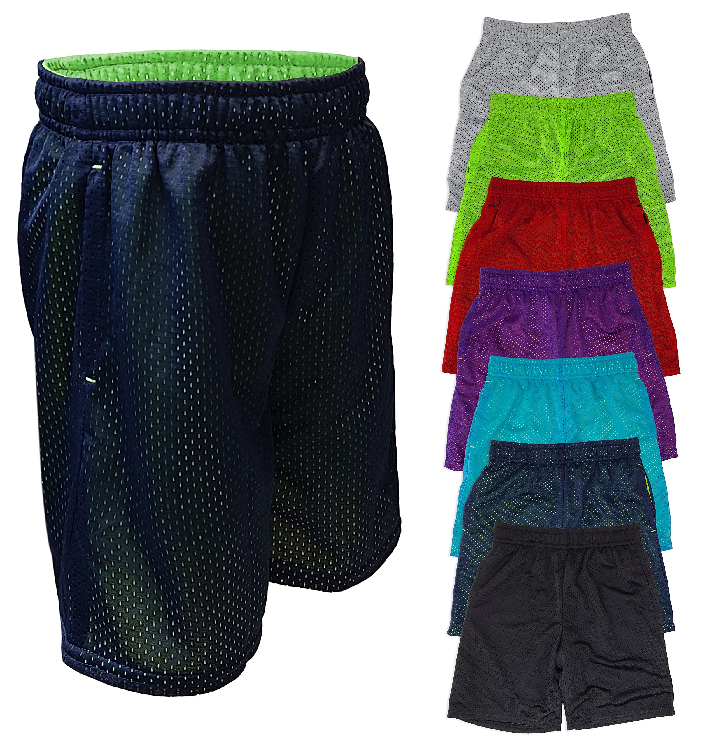 Andrew Scott Boys 7 Pack Active Performance Mesh Style Basketball Sport Shorts (7 Pack- Assorted Solids Contrast Pocket, Medium)