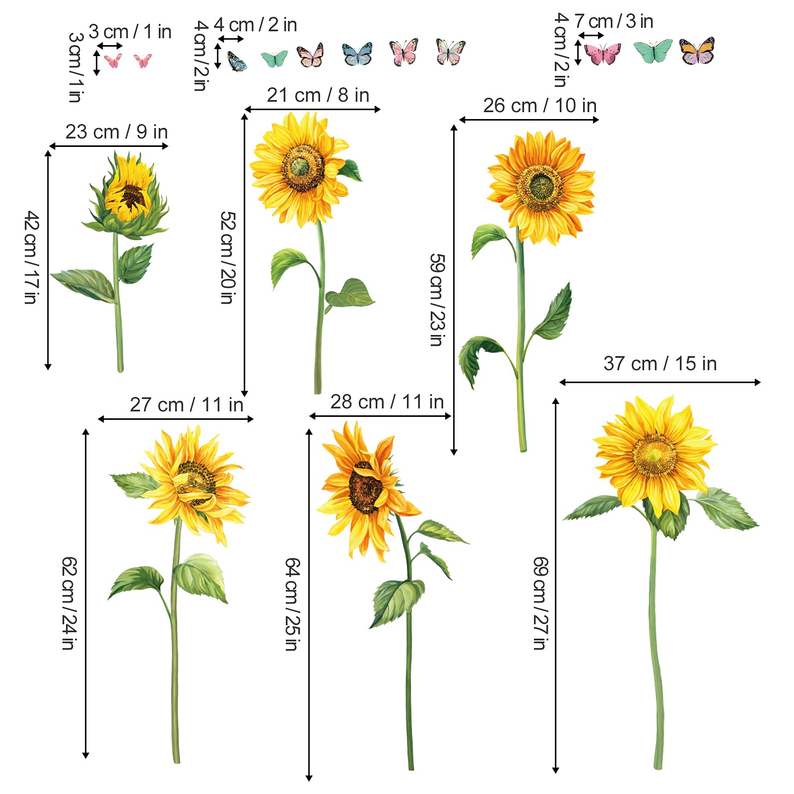 decalmile Large Sunflower Wall Decals Garden Flower Butterfly Wall Stickers Bedroom Living Room Home Office Background Wall Decor