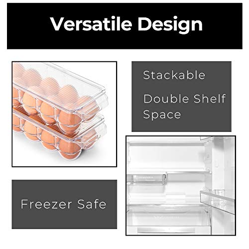 Smart Design Stackable Egg Holder for Refrigerator – Set of 4, Holds 32 Eggs Total, 15 x 4 in. – Egg Holder with Handle and Lid for Easy Fridge Organization and Storage – Made with BPA-Free Plastic