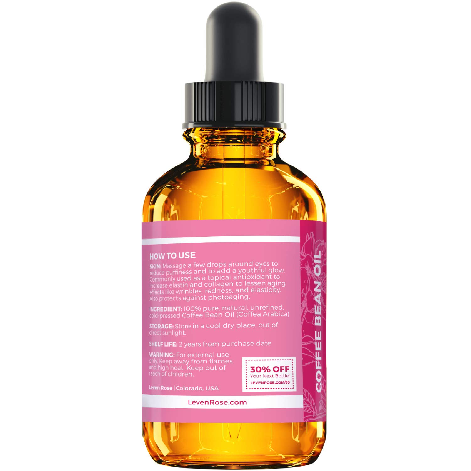 Leven Rose Coffee Bean Oil 1 oz - 100% Natural Cold Pressed Oil - Unrefined Coffee Oil for Skin and Hair